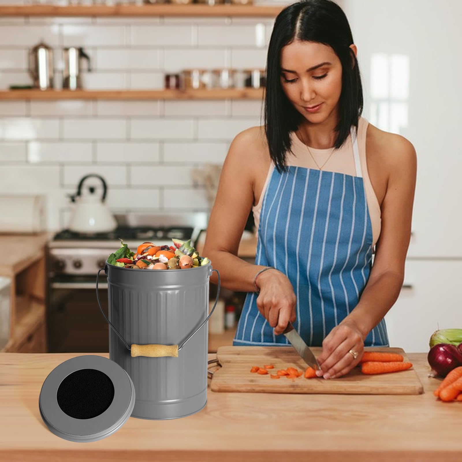 Holismo Compost Bin Kitchen Countertop, 1.95 Gallon Counter Compost Bin with Lid, Rustproof Coated Compost Bucket, Indoor Composter includes Three Charcoal Filters
