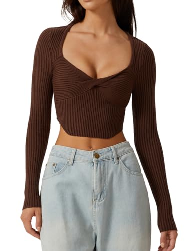QINSEN Women's Long Sleeve Square Neck Crop Top Ribbed Slim Fitted Casual T-Shirt Tops Cinnamon XS