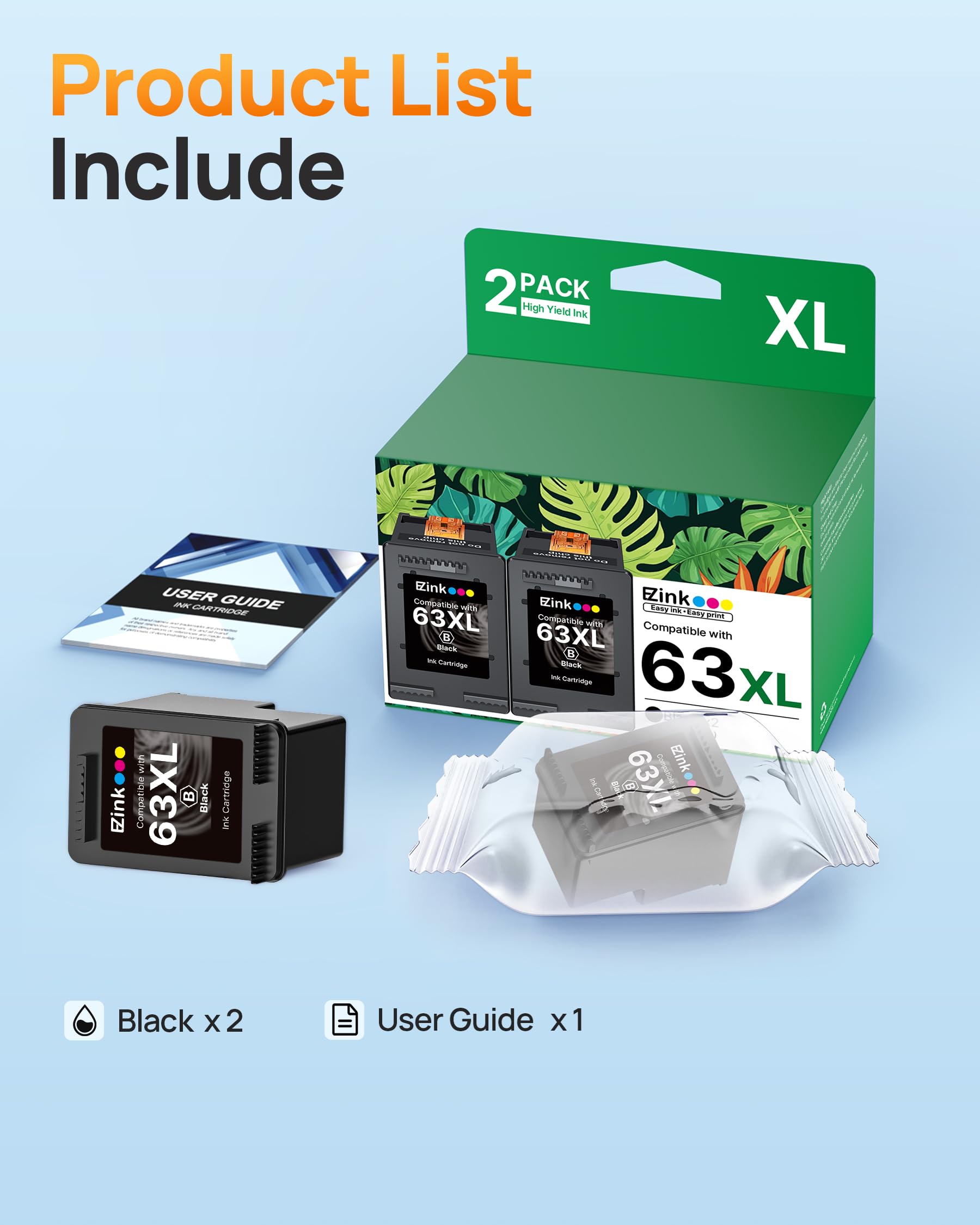 E-Z Ink (Tm) Remanufactured Ink Cartridge Replacement for HP 63XL 63 XL to Use with Officejet 3830 5255 4650 3833 Envy 4520 Deskjet 1112 3637 3630 3634 Printer (2 Black, 2 Pack)