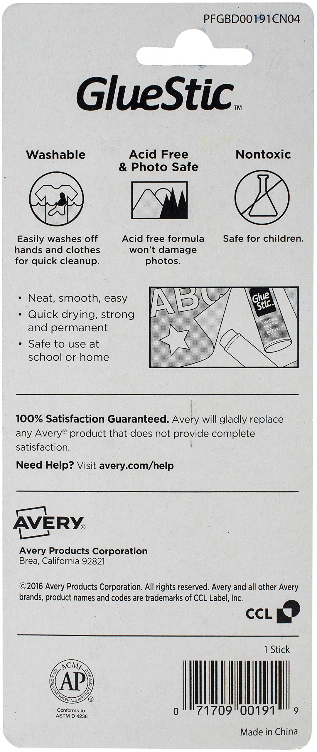 Avery Glue Stick White, 1.27 oz., Washable, Nontoxic, Permanent Glue, 1 Glue Stic (00191)