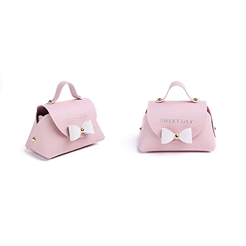 CheeseandU 6Pack Exquisite Simple Bowknot Handbag with Handle Gift Box Beautiful Pink Leather Gift Bag with White Bow Decor Wedding Candy Box Birthday Party Favor Boxes 5.1x3.15