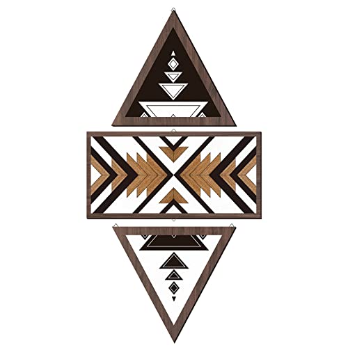 3 Pieces Wooden Aztec Sign Wall Art Farmhouse Home Wall Decor Wood Geometric Wall Hanging for Bedroom Living Room, Boho Wall Art Prints on Wood (Triangle Style)