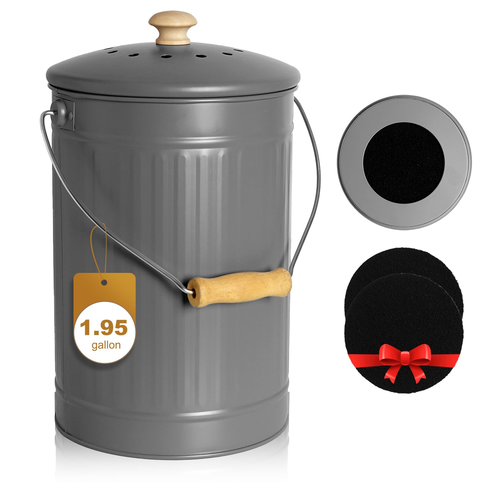 Holismo Compost Bin Kitchen Countertop, 1.95 Gallon Counter Compost Bin with Lid, Rustproof Coated Compost Bucket, Indoor Composter includes Three Charcoal Filters