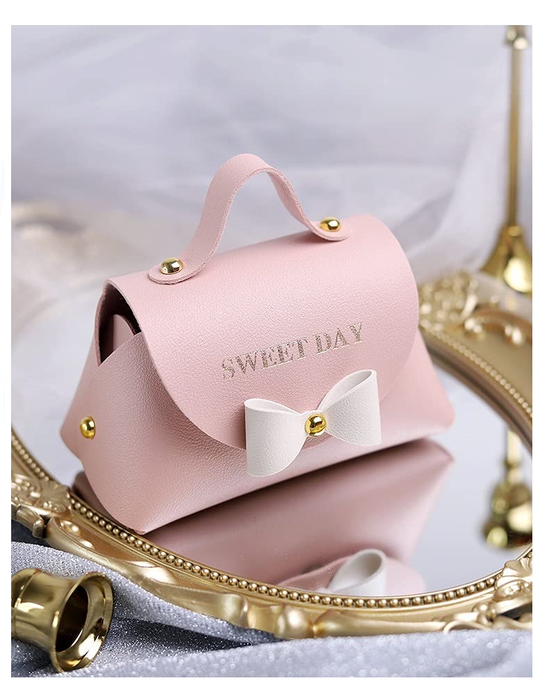 CheeseandU 6Pack Exquisite Simple Bowknot Handbag with Handle Gift Box Beautiful Pink Leather Gift Bag with White Bow Decor Wedding Candy Box Birthday Party Favor Boxes 5.1x3.15