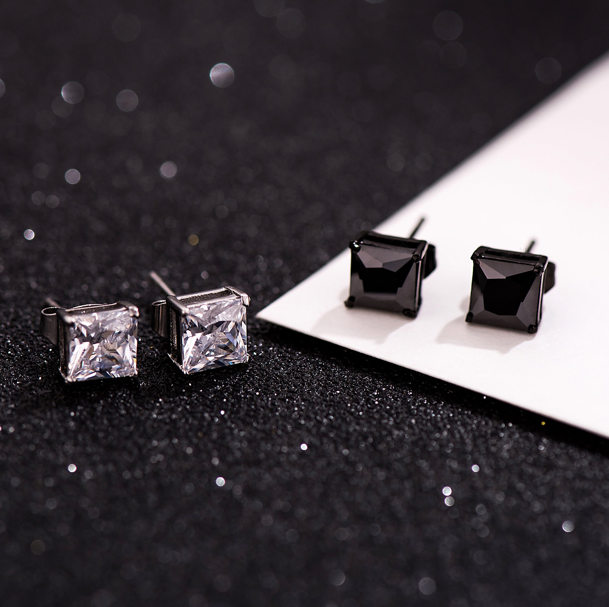 ORAZIO Black Silver Earrings for Men,Stainless Steel Cubic Zirconia Earrings 20G Mens Earrings Hypoallergenic CZ Earrings Studs Trendy Square Earring Studs Set 4-8MM,CZ 5MM