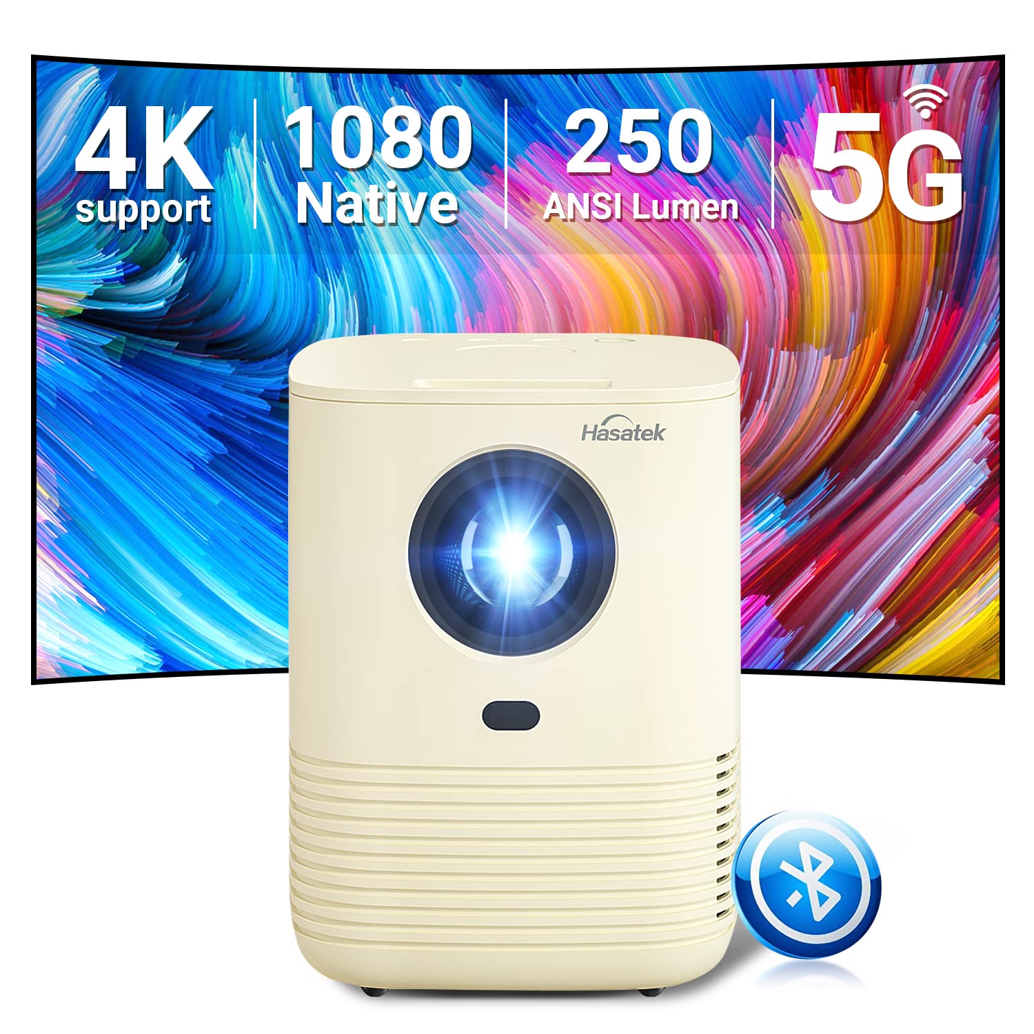 Hasatek Projector,Portable Projector, Beige,Mini Projector with WiFi and Bluetooth,Outdoor Projector 4k for Movies Night,Native 1080p HD,10W Speaker,150 Inch Picture,Home Entertainment