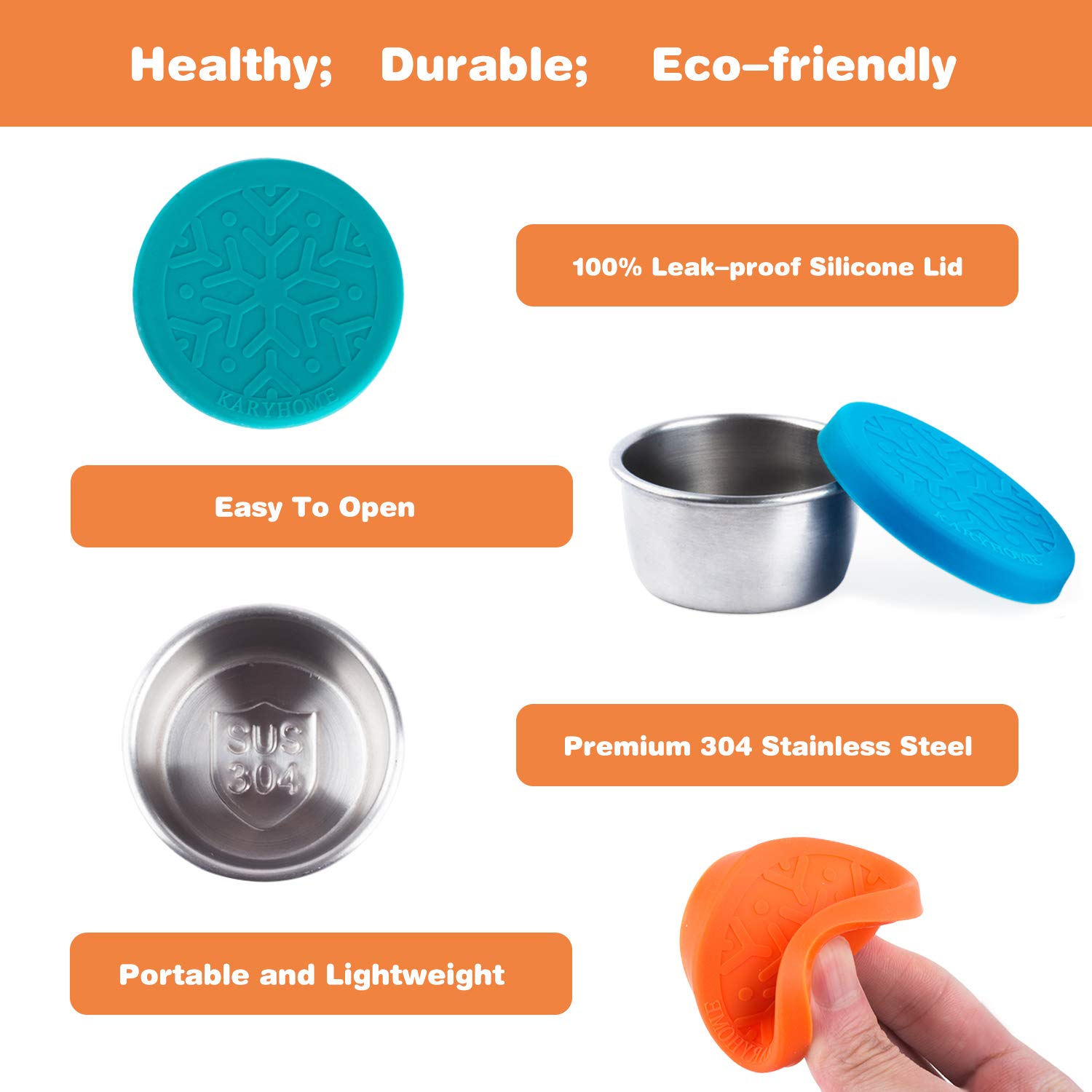 Salad Dressing Container To Go, 4x1.6oz Stainless Steel Condiment Containers with Lids, Premium Silicone, Leakproof and Reusable Small Containers with Lids