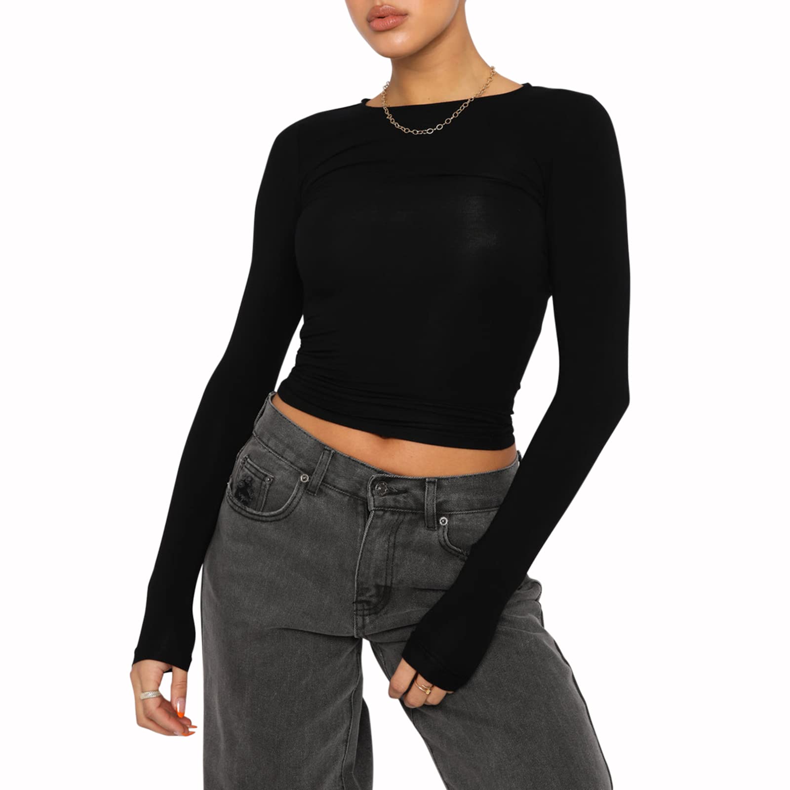 Fernvia Women's Slim Fit Basic Crop Tops Solid Color Casual Long Sleeve Crew Neck Tight Tee Shirts Fall Streetwear (A4-Basic Black, S)