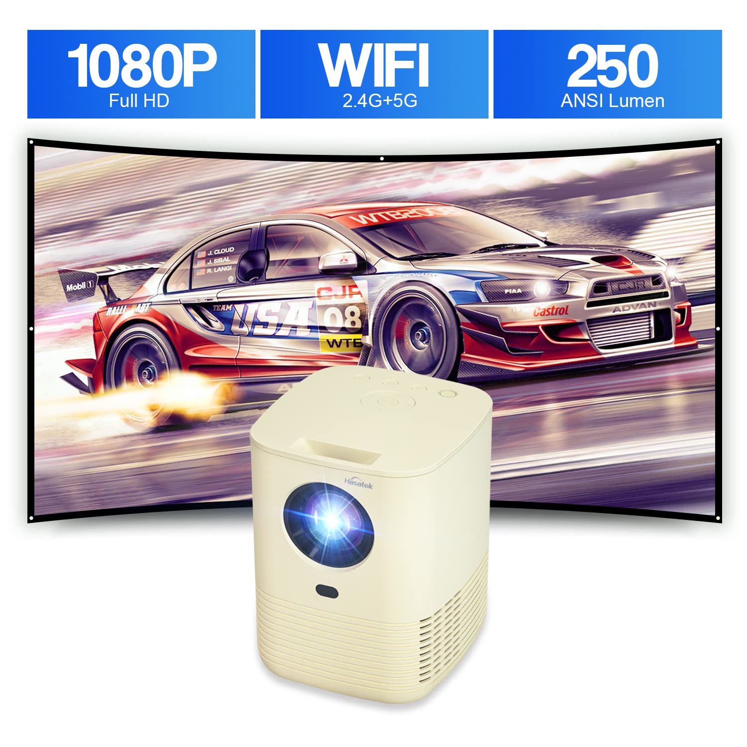 Hasatek Projector,Portable Projector, Beige,Mini Projector with WiFi and Bluetooth,Outdoor Projector 4k for Movies Night,Native 1080p HD,10W Speaker,150 Inch Picture,Home Entertainment