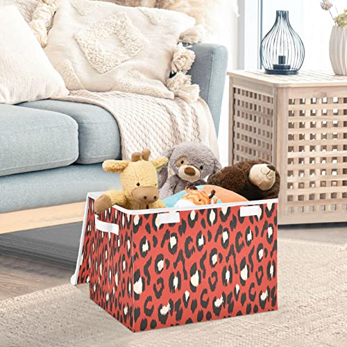 Kigai Storage Basket Classic Leopard Print Storage Boxes with Lids and Handle, Large Storage Cube Bin Collapsible for Shelves Closet Bedroom Living Room, 16.5x12.6x11.8 In
