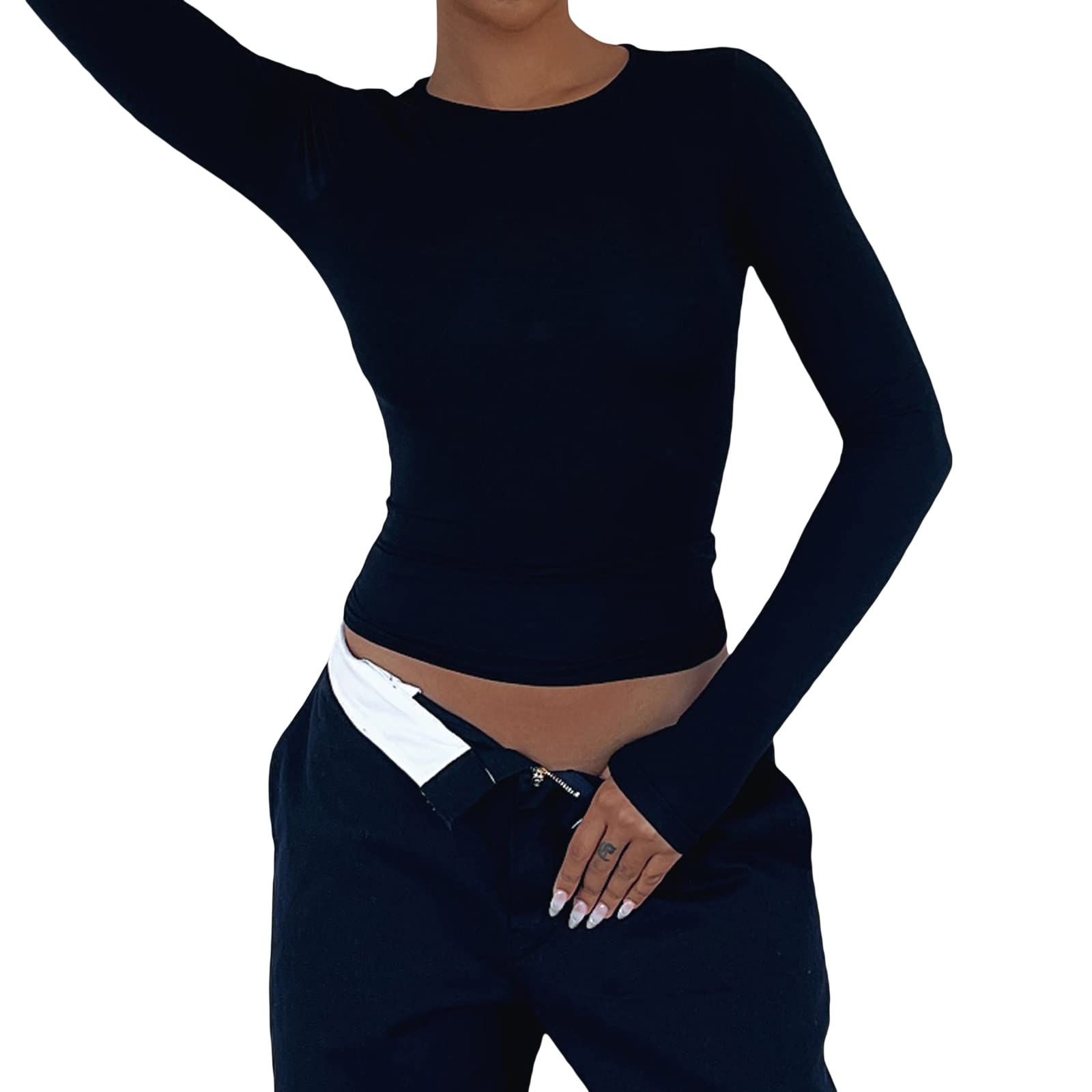 Fernvia Women's Slim Fit Basic Crop Tops Solid Color Casual Long Sleeve Crew Neck Tight Tee Shirts Fall Streetwear (A4-Basic Black, S)