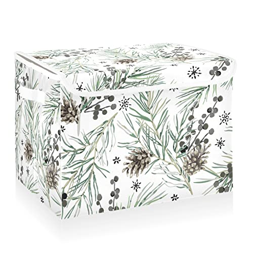 CaTaKu Christmas Pine Berries Storage Bins with Lids and Handles, Fabric Large Storage Container Cube Basket with Lid Decorative Storage Boxes for Organizing Clothes