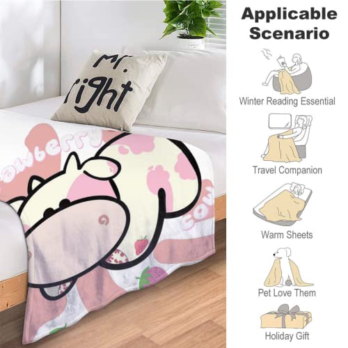 Strawberry Milk Cow Blanket Lightweight Flannel Fleece Cartoon Cute Animal Throw Blankets Soft Cozy Plush Microfiber All-Season Blanket for Bed/Couch/Sofa-50 x40 in