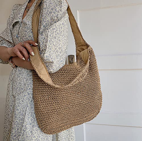 Straw Bag for Women Summer Handmade Beach Bag Soft Woven Tote Bag Large Weaving Shoulder Bag Purse Straw Handbag for Vacation (AK-4)