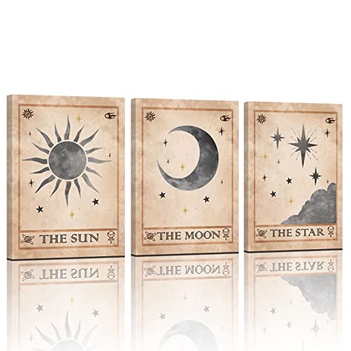 Tarot Canvas Prints Wall Art, Wiccan Art Wall Decor, Astrology Wall Decor, The Sun, Moon and Star Tarot Aesthetic Bohemian Wall Art, Celestial Canvas Prints, Mystical Home Decor, Astrology Posters Framed Ready to Hang