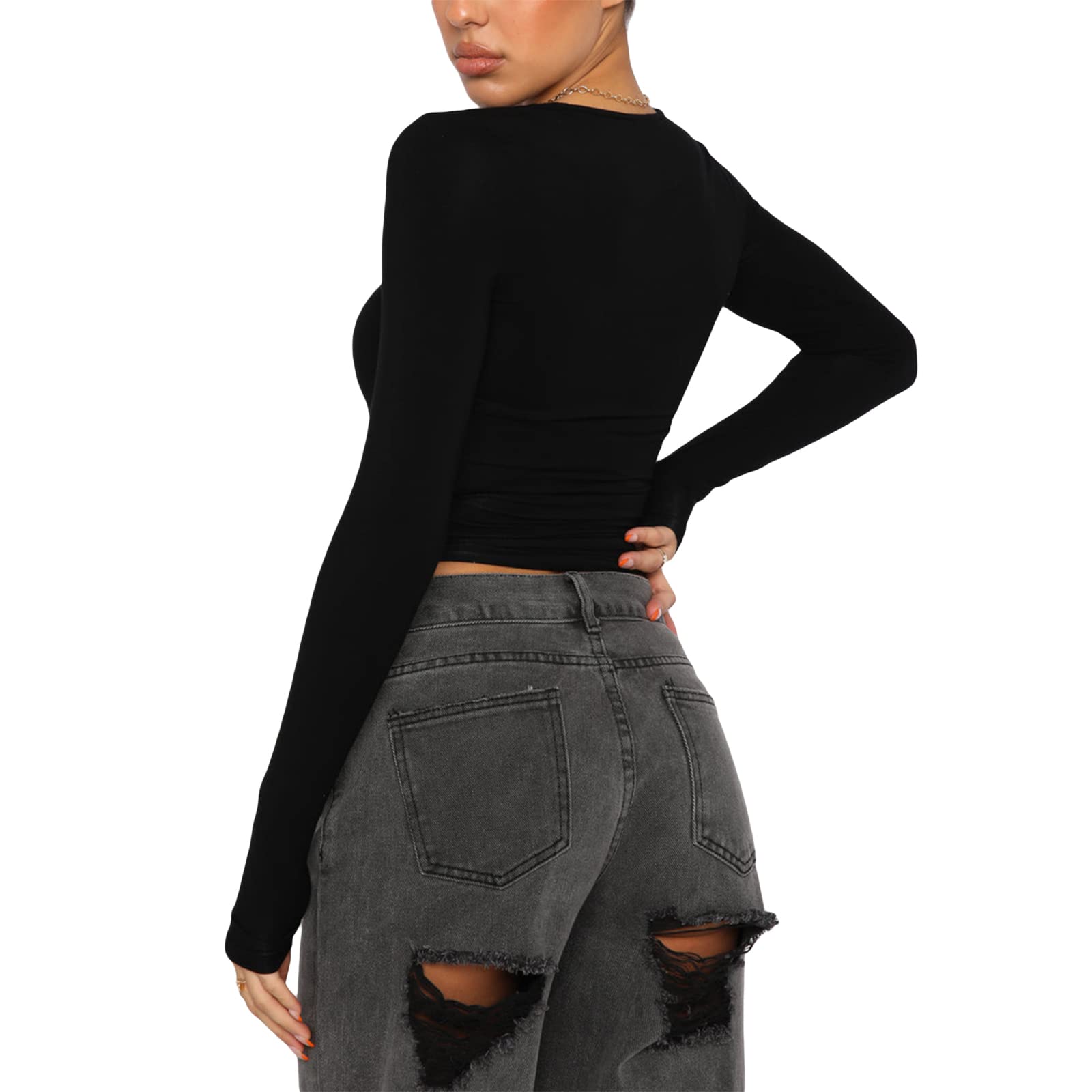 Fernvia Women's Slim Fit Basic Crop Tops Solid Color Casual Long Sleeve Crew Neck Tight Tee Shirts Fall Streetwear (A4-Basic Black, S)