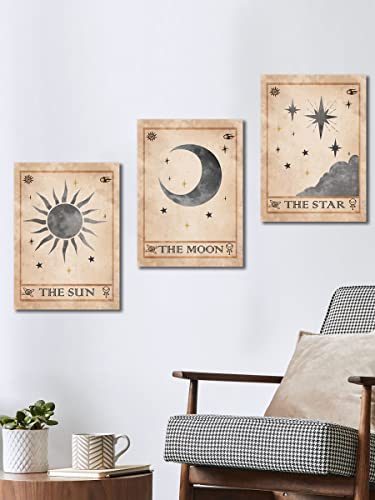 Tarot Canvas Prints Wall Art, Wiccan Art Wall Decor, Astrology Wall Decor, The Sun, Moon and Star Tarot Aesthetic Bohemian Wall Art, Celestial Canvas Prints, Mystical Home Decor, Astrology Posters Framed Ready to Hang