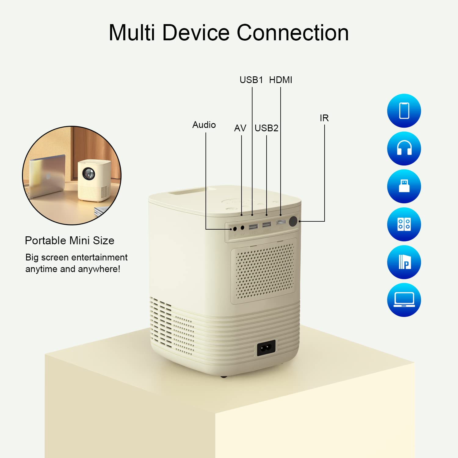 Hasatek Projector,Portable Projector, Beige,Mini Projector with WiFi and Bluetooth,Outdoor Projector 4k for Movies Night,Native 1080p HD,10W Speaker,150 Inch Picture,Home Entertainment