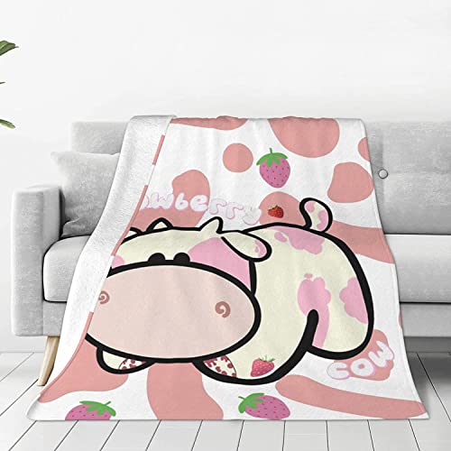 Strawberry Milk Cow Blanket Lightweight Flannel Fleece Cartoon Cute Animal Throw Blankets Soft Cozy Plush Microfiber All-Season Blanket for Bed/Couch/Sofa-50 x40 in