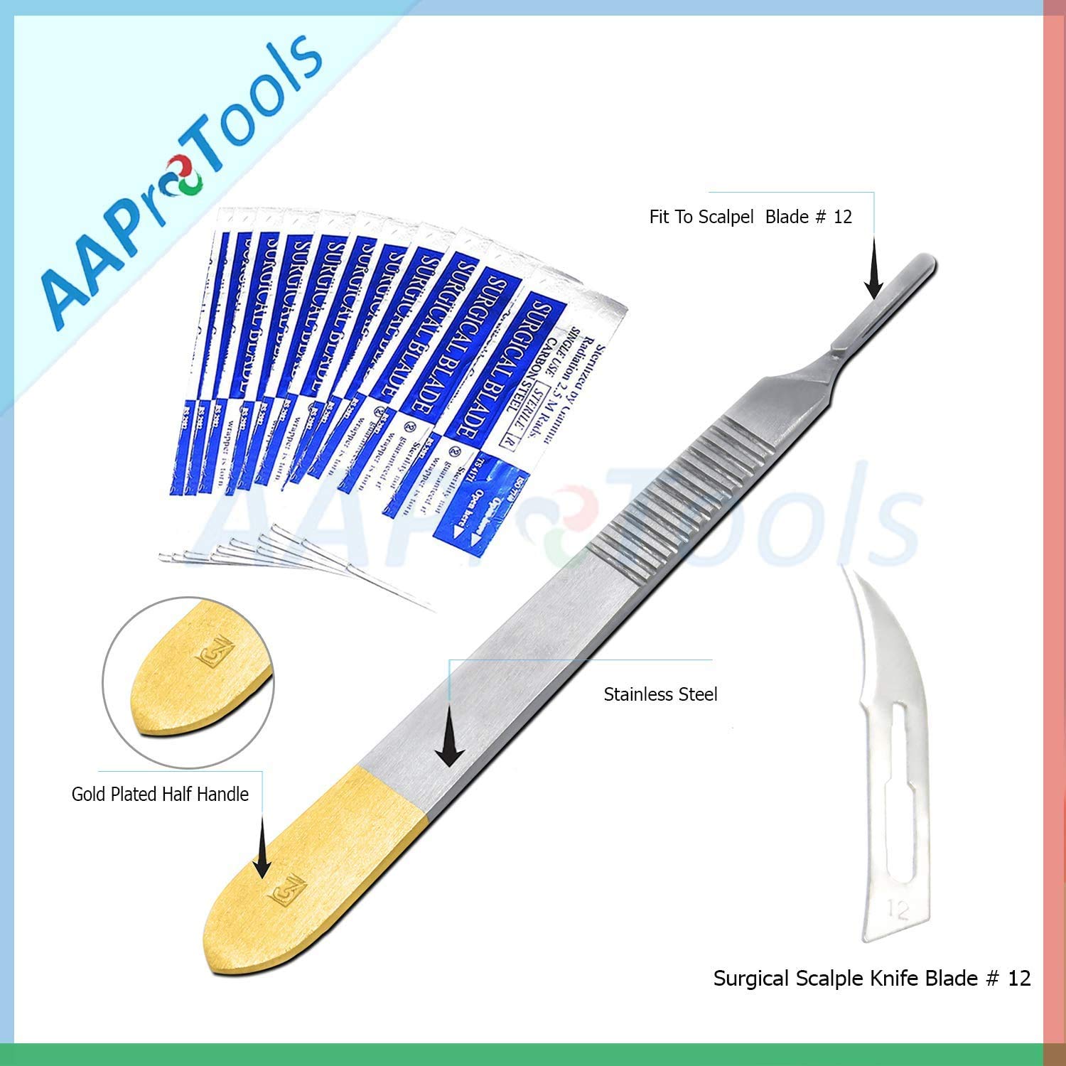 AAProTools Scalpel Blades #12 Includes #3 Metal Gold Handle – Suitable For Dermaplaning, Crafts, Instruments/equipment Pack Of 10