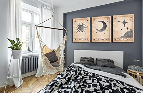 Tarot Canvas Prints Wall Art, Wiccan Art Wall Decor, Astrology Wall Decor, The Sun, Moon and Star Tarot Aesthetic Bohemian Wall Art, Celestial Canvas Prints, Mystical Home Decor, Astrology Posters Framed Ready to Hang