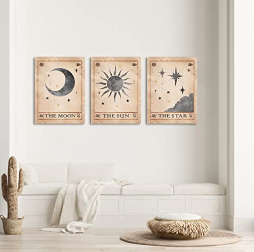 Tarot Canvas Prints Wall Art, Wiccan Art Wall Decor, Astrology Wall Decor, The Sun, Moon and Star Tarot Aesthetic Bohemian Wall Art, Celestial Canvas Prints, Mystical Home Decor, Astrology Posters Framed Ready to Hang