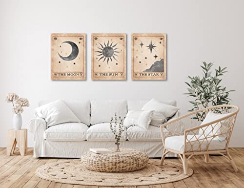 Tarot Canvas Prints Wall Art, Wiccan Art Wall Decor, Astrology Wall Decor, The Sun, Moon and Star Tarot Aesthetic Bohemian Wall Art, Celestial Canvas Prints, Mystical Home Decor, Astrology Posters Framed Ready to Hang