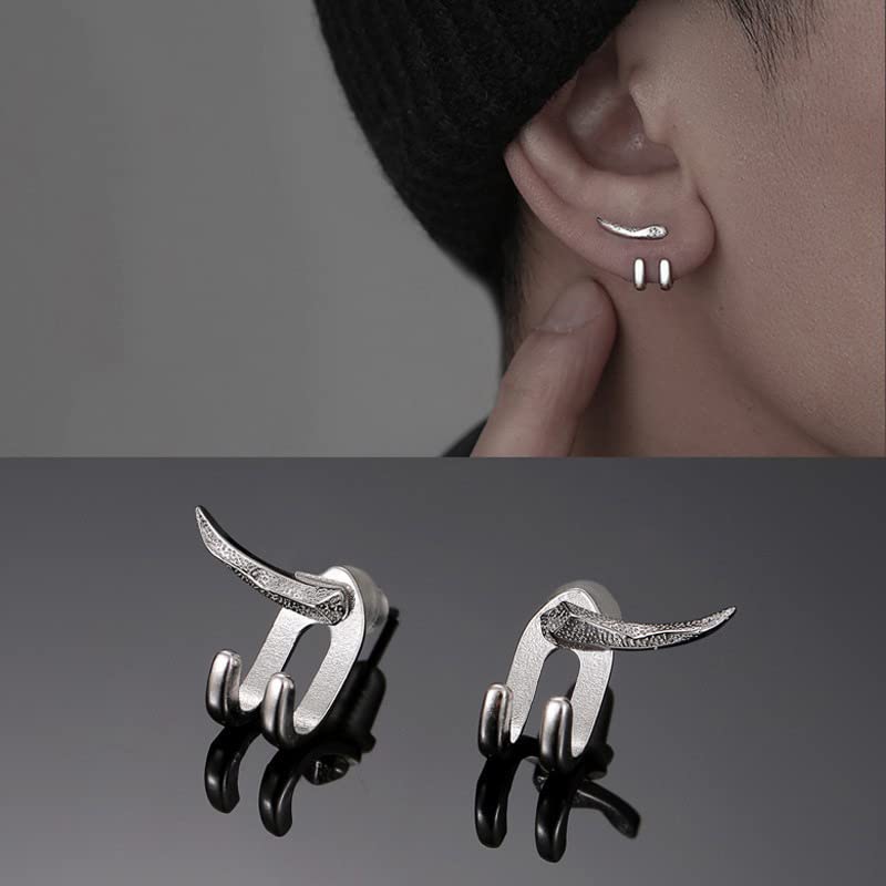 Detachable Dual Stud Earrings For Men, 2023 New Punk Hippie Clip On Dual Purpose Claw Stud Black Vintage Cool Cowhorn Gothic Earring Jewelry Gift (Black+Silver)