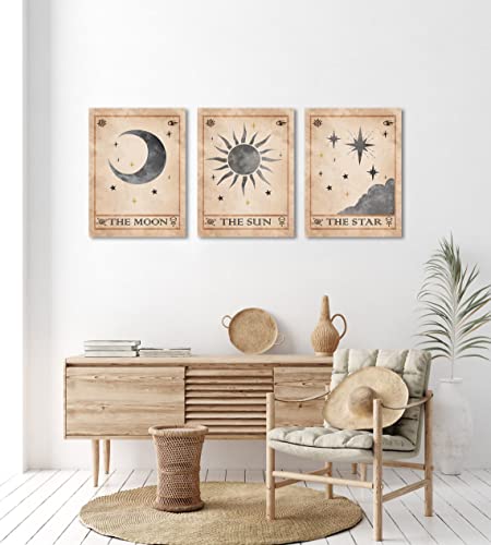 Tarot Canvas Prints Wall Art, Wiccan Art Wall Decor, Astrology Wall Decor, The Sun, Moon and Star Tarot Aesthetic Bohemian Wall Art, Celestial Canvas Prints, Mystical Home Decor, Astrology Posters Framed Ready to Hang