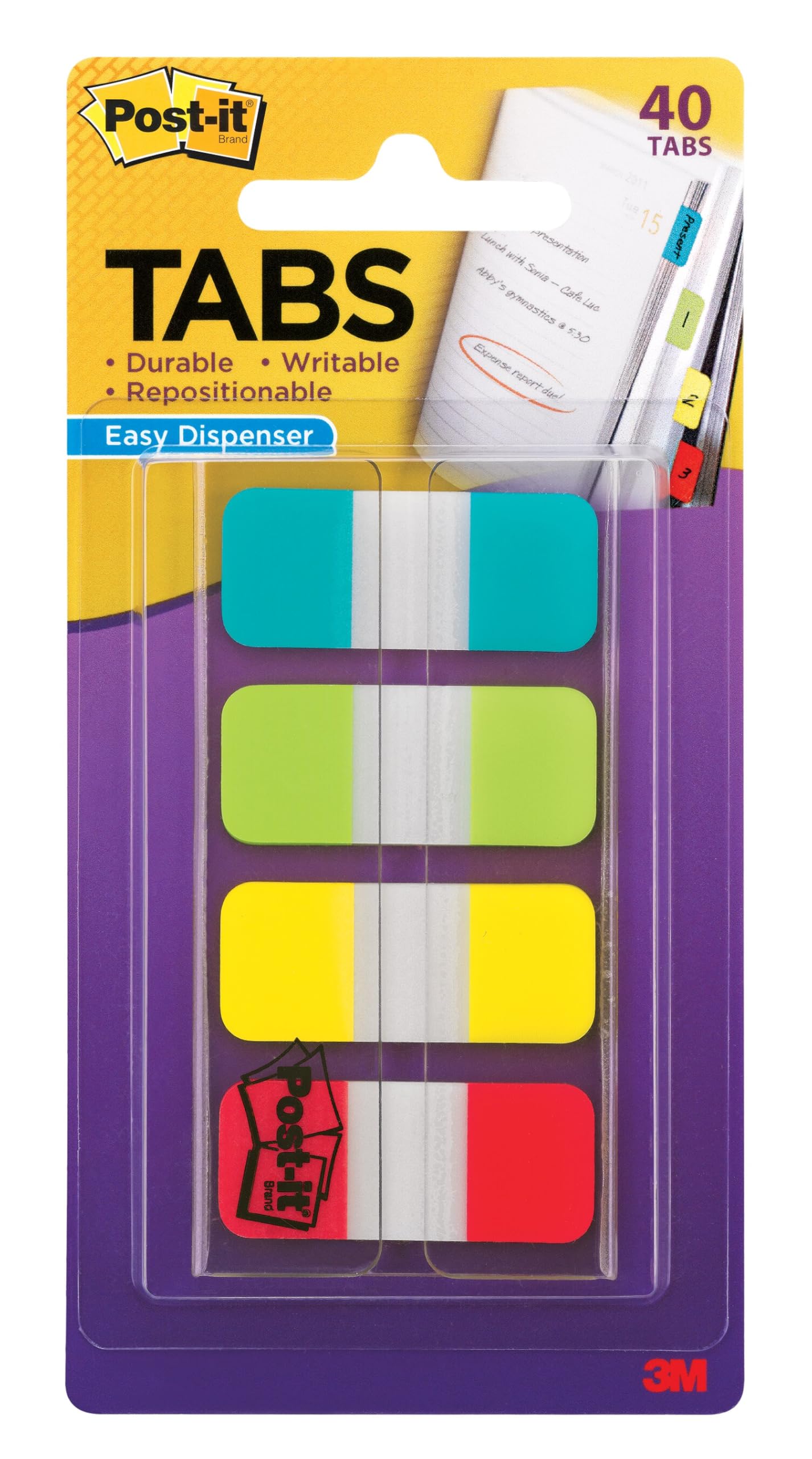 Post-it Tabs.625 in Solid, Aqua, Lime, Yellow, Red, 10/Color, 40/Dispenser (676-ALYR)