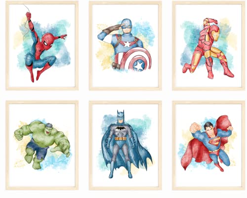 Nistio® Superhero Wall Decor, Superhero Wall Art for Boys Bedroom, Avengers Prints, Set of 6 Prints, Iron Man, Spiderman, Captain America, Hulk, Batman, Superman, Unframed, 8x10 inches