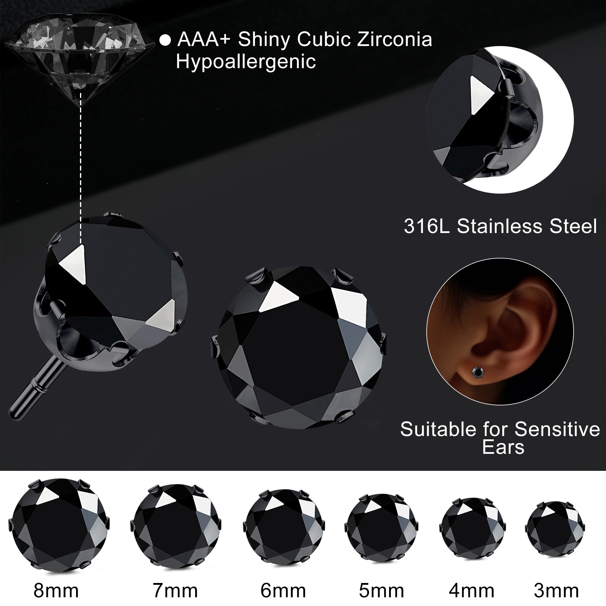 FIBO STEEL 3 Pairs Stainless Steel Black Stud Earrings for Men Women Hypoallergenic Mens Earrings Stud Set, Black Square Round Diamond CZ Stud Earrings Pierced 6mm