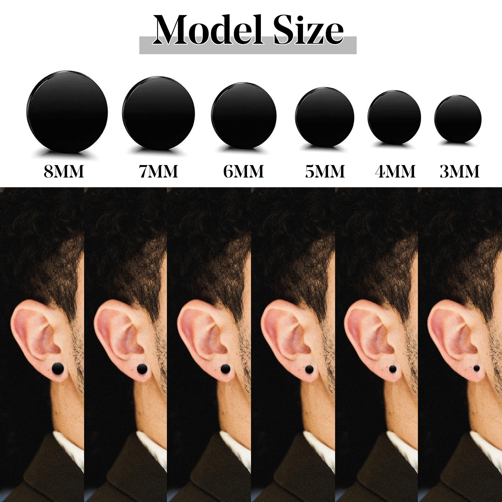 FIBO STEEL 3 Pairs Stainless Steel Black Stud Earrings for Men Women Hypoallergenic Mens Earrings Stud Set, Black Square Round Diamond CZ Stud Earrings Pierced 6mm
