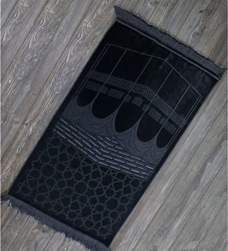 Modefa Islamic Prayer Rug - Soft Beautiful Turkish Prayer Mat for Men & Women - Solid Janamaz Sajada Carpet - Ramadan or Eid Gift - with Prayer Beads Tesbih and Kufi Cap- Luxury Velvet (KB Black)