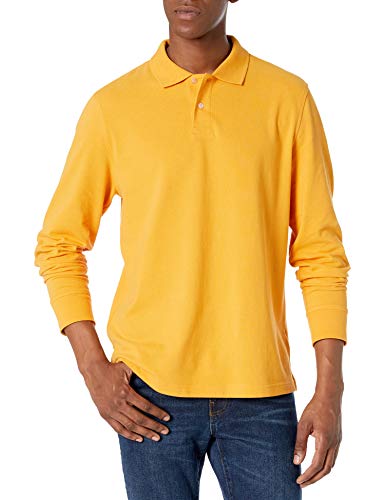 Amazon Essentials Mens Long Sleeve Polo Shirt with Collar, Regular-Fit Pique, Dark Yellow, Large