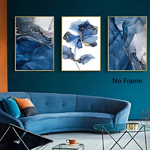 Abstract Grey White Navy Blue Large Wall Painting Canvas Wall Art Blue Marble Picture for Bedroom Wall Decor Modern Abstract Picture Canvas Artwork White and Blue Flower Art 16x24inchx3pcs No Frame