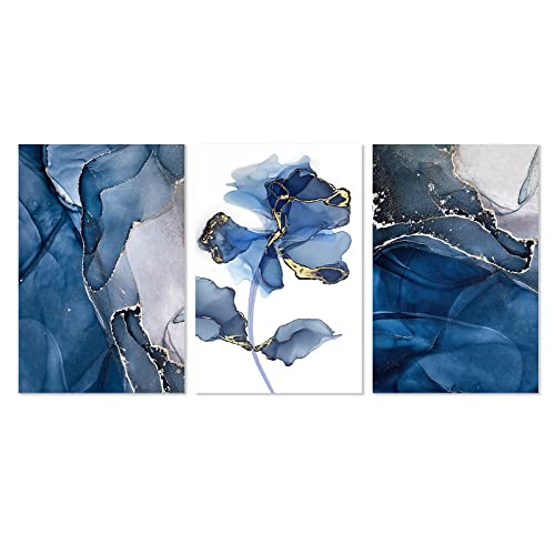 Abstract Grey White Navy Blue Large Wall Painting Canvas Wall Art Blue Marble Picture for Bedroom Wall Decor Modern Abstract Picture Canvas Artwork White and Blue Flower Art 16x24inchx3pcs No Frame