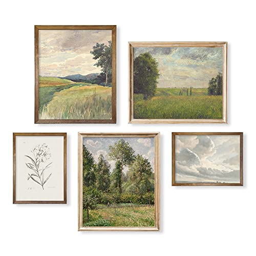 French Country Wall Art Decor - Boho Art Deco Victoria Picture Bathroom - Modern Farmhouse Kitchen Poster Print - Aesthetic Vintage Landscape Set - Sage Green Forest Tree Spring Summer Flower Sketch