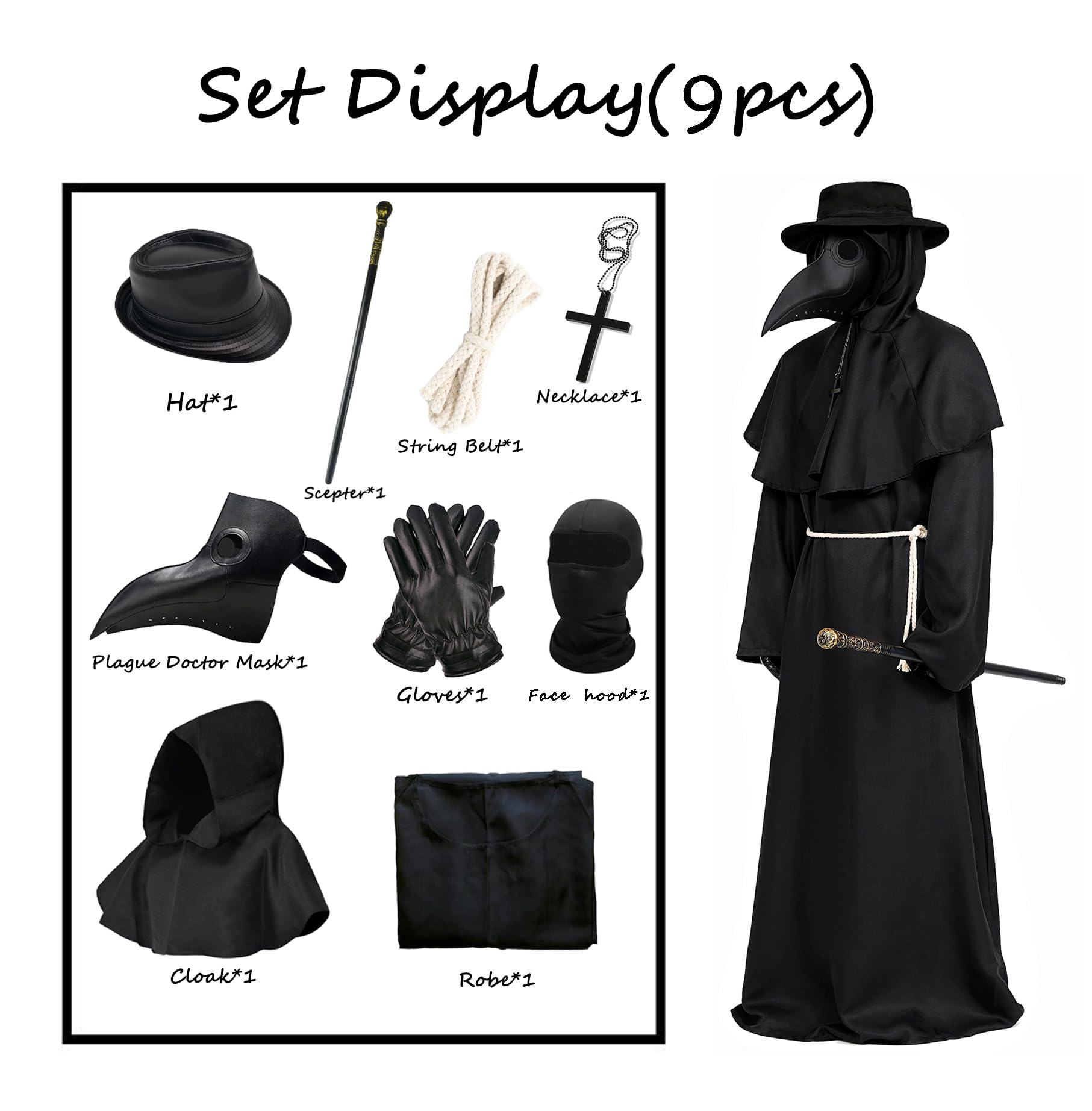Akokvlar Adult Unisex 9PCS Plague Doctor Costume with Mask Gloves Hat Necalace Scepter (Black, X-Large)