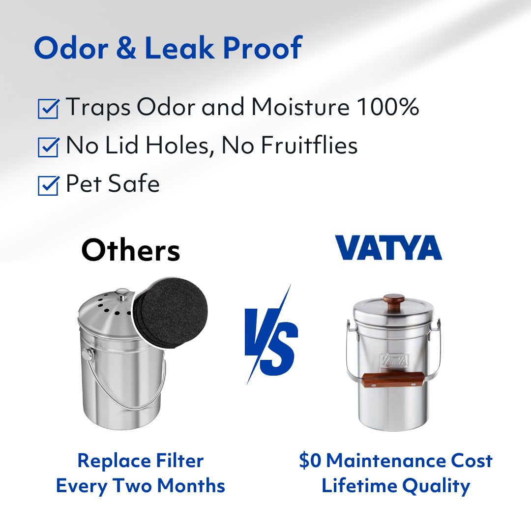 Vatya Stainless Steel Kitchen Compost Bin - NO Filter Countertop Composter, Composting Bucket, Counter Top Small Indoor Food Waste Container with Lid, Odorless Food Scrap Pail, Large 0.8 Gallon