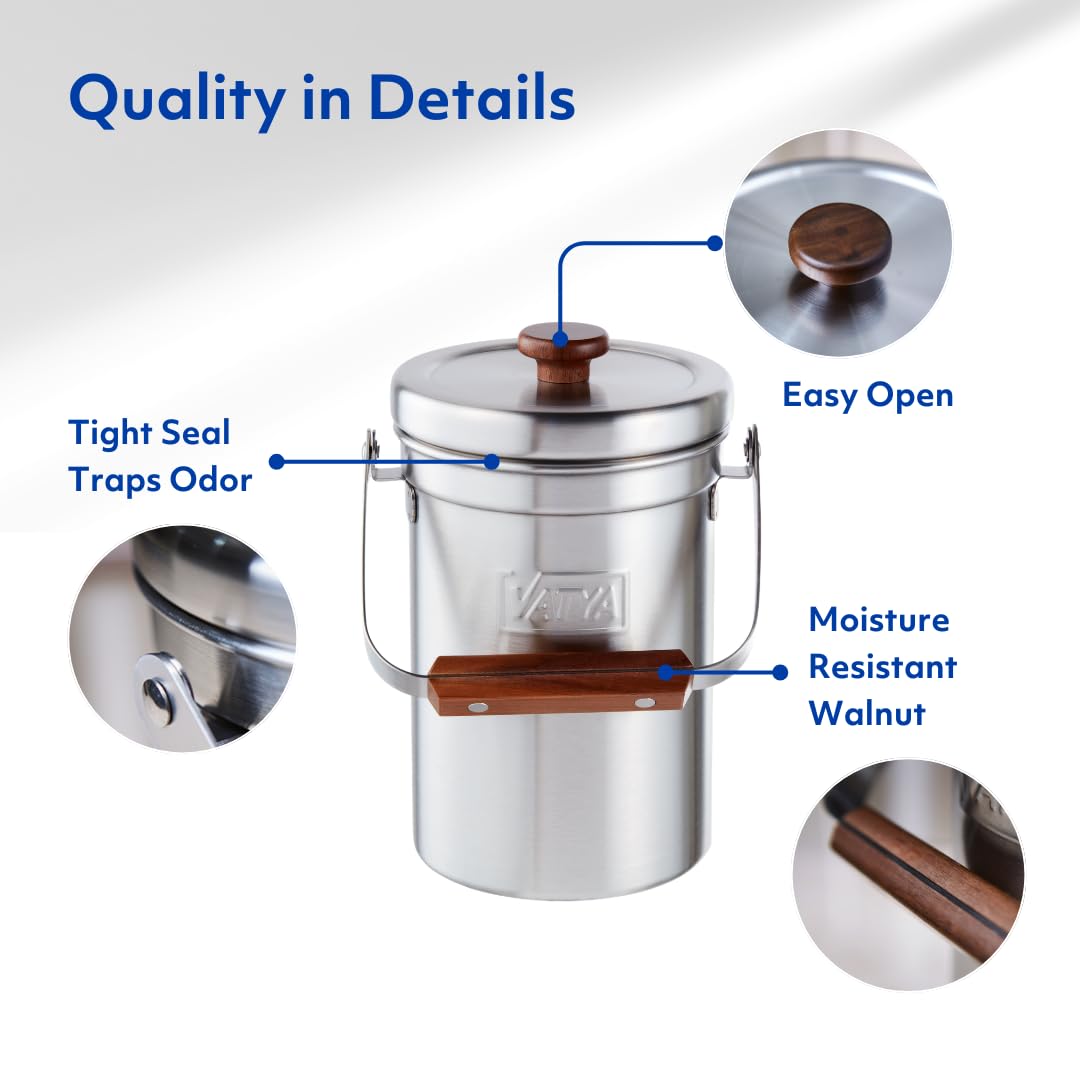Vatya Stainless Steel Kitchen Compost Bin - NO Filter Countertop Composter, Composting Bucket, Counter Top Small Indoor Food Waste Container with Lid, Odorless Food Scrap Pail, Large 0.8 Gallon