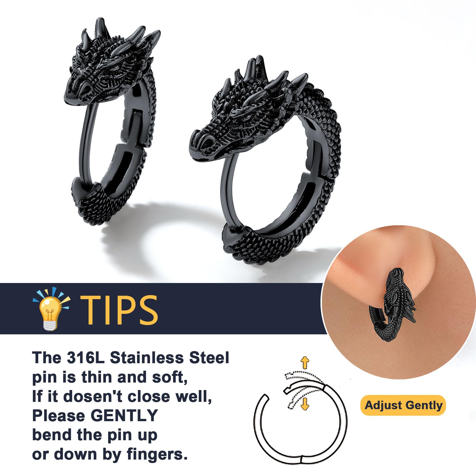U7 Dragon Earrings Black Metal Plated Huggie Hoops Punk Rock Animal Earrings for Men Women