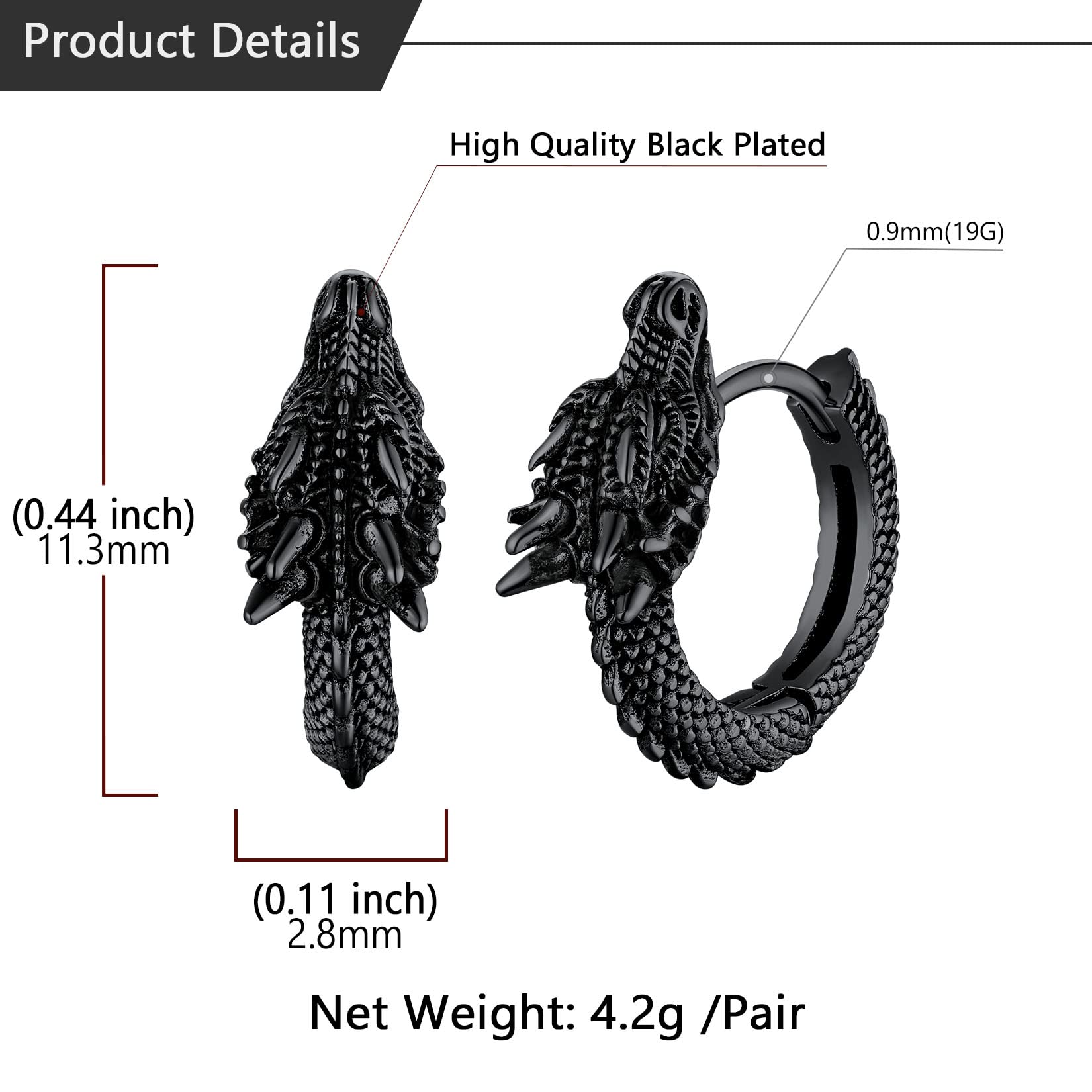 U7 Dragon Earrings Black Metal Plated Huggie Hoops Punk Rock Animal Earrings for Men Women