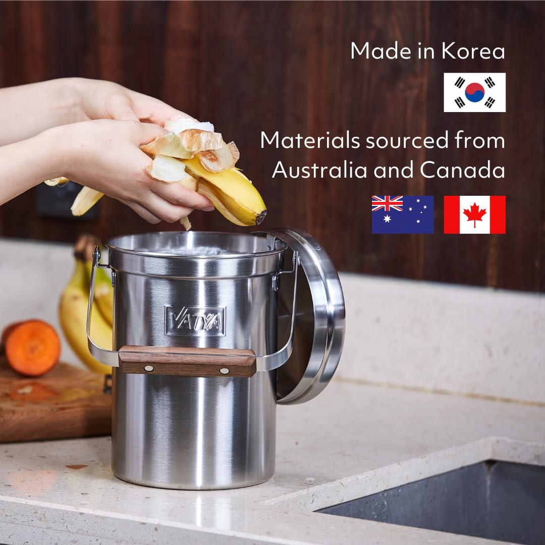 Vatya Stainless Steel Kitchen Compost Bin - NO Filter Countertop Composter, Composting Bucket, Counter Top Small Indoor Food Waste Container with Lid, Odorless Food Scrap Pail, Large 0.8 Gallon