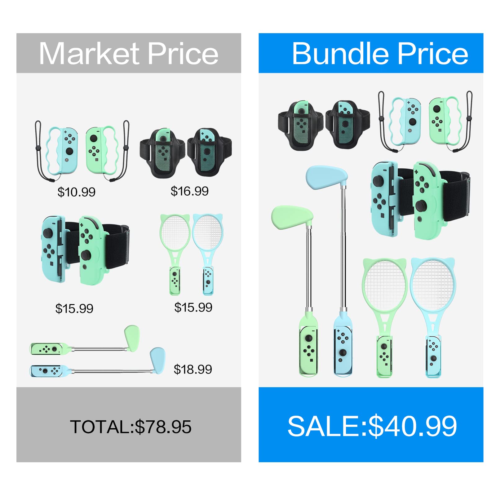 Nintendo Switch Sports Accessories, Nintendo Switch Sports Leg Strap, Switch Wrist Straps, Switch Boxing Grips, Switch Tennis Racket and Switch Golf Club - Blue and Green