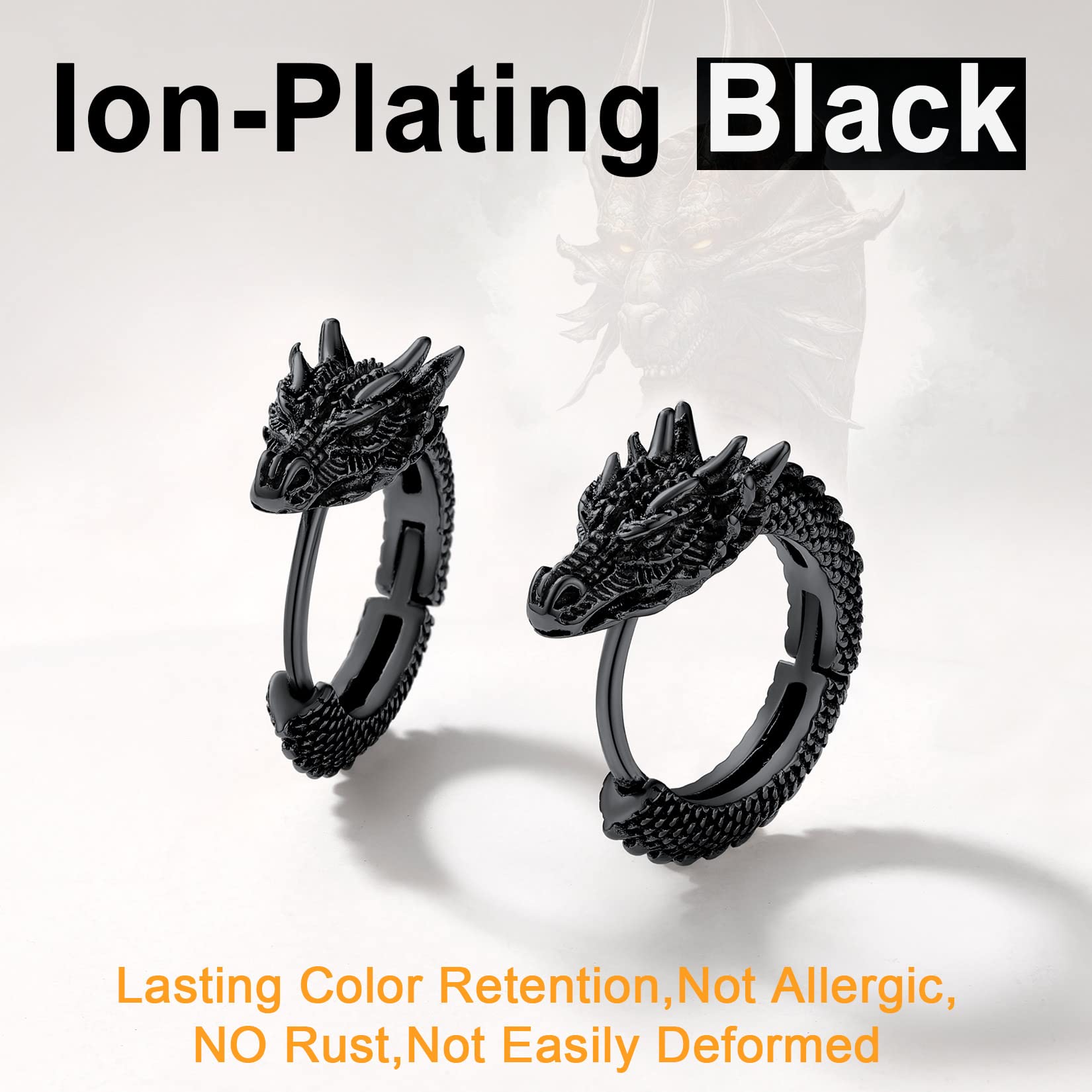 U7 Dragon Earrings Black Metal Plated Huggie Hoops Punk Rock Animal Earrings for Men Women
