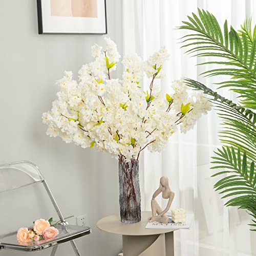 Luyue 42in Artificial Cherry Blossom White Flowers 6 Pack Silk Cherry Blossoms Branches Fake Sakura Flower Trees Decor for Wedding Decoration Home Office