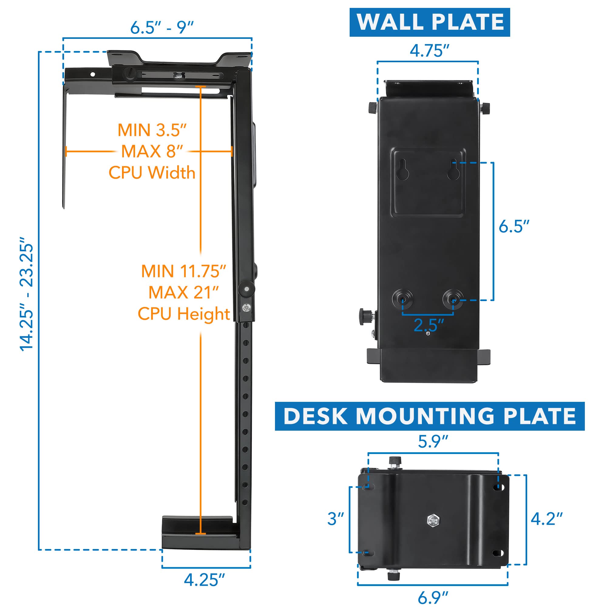 CPU Under Desk Mount Bracket - Computer Tower Wall and Under Counter Holder, 360 Degree Swivel Adjustable Height and Width Wall-Mountable