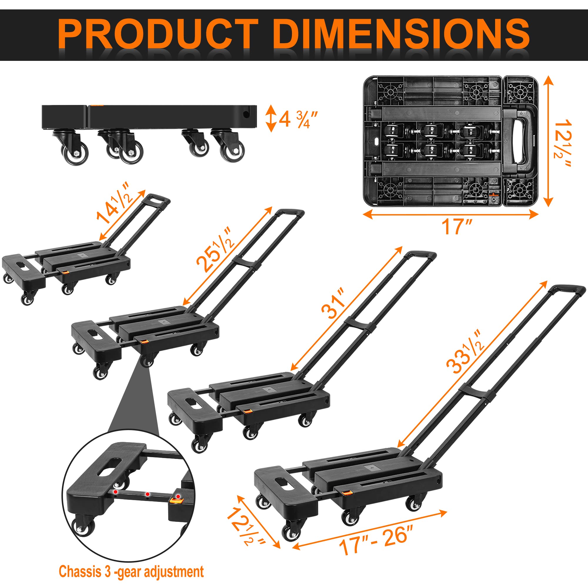 ITHWIU 500 LB Heavy Duty Folding Hand Truck with 6 Wheels Solid Construction Compact and Utility Luggage Cart for Luggage/Personal/Shopping/Auto/Moving & Office Use β Stretchable, Black