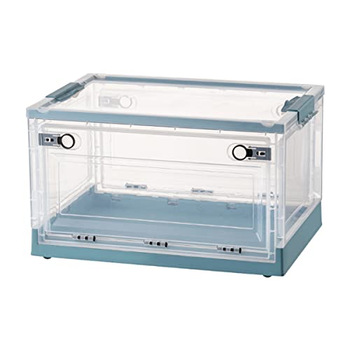 Yhxdev Large Closet Organizers and Storage, 52L Folding Storage Box, Stackable Plastic Storage Bins with Double Doors and Lids, Sterlite Containers with Wheels (Blue)